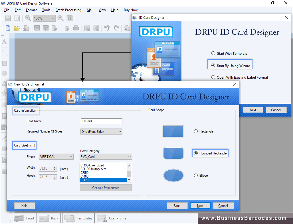 Screenshots of ID card design software - BusinessBarcodes
