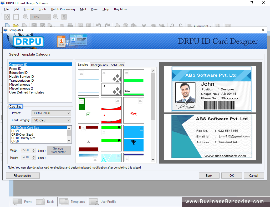 Screenshots of ID card design software - BusinessBarcodes
