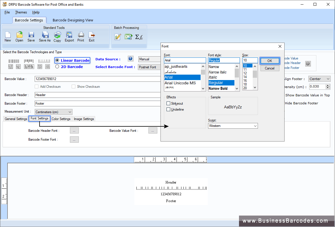 Screenshots of Post office and bank barcodes software - BusinessBarcodes