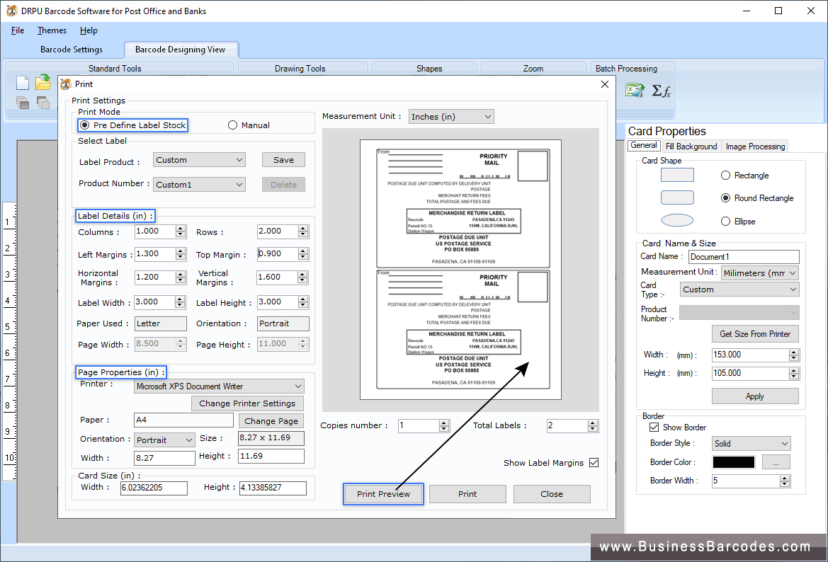 Screenshots of Post office and bank barcodes software - BusinessBarcodes