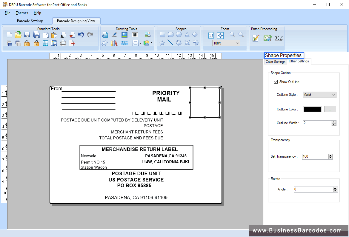 Screenshots of Post office and bank barcodes software - BusinessBarcodes